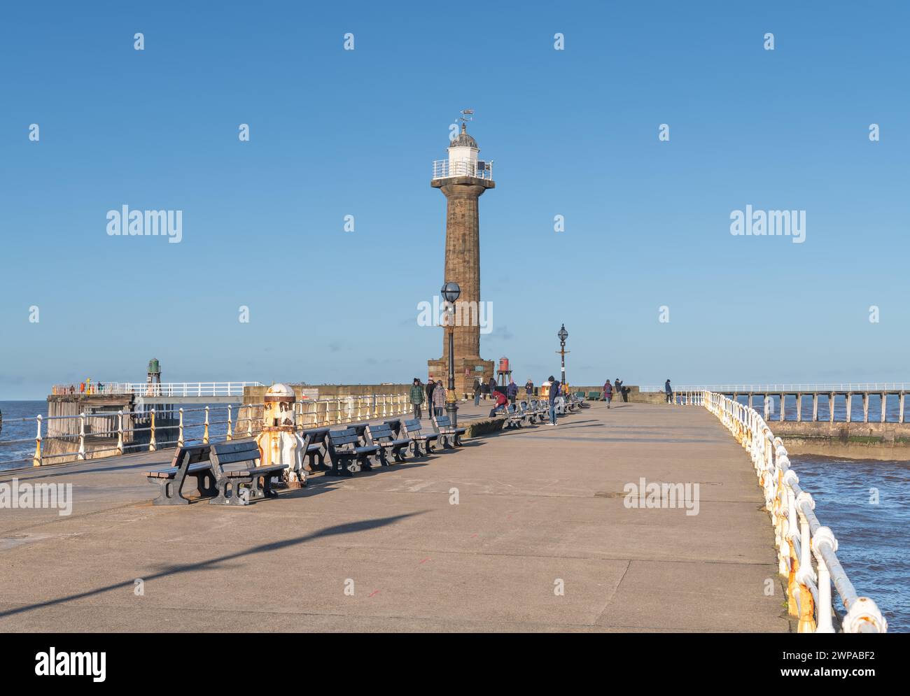 West Pier harbour lighthouse from the west pier, whitby, Yorkshire ...