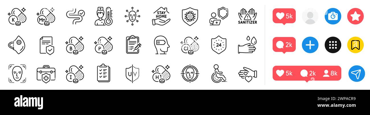 Vaccine report, Vitamin h1 and Volunteer line icons pack. Social media ...
