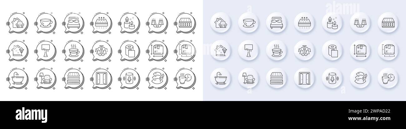 Bath, Package size and Pillow line icons. White pin 3d buttons, chat ...