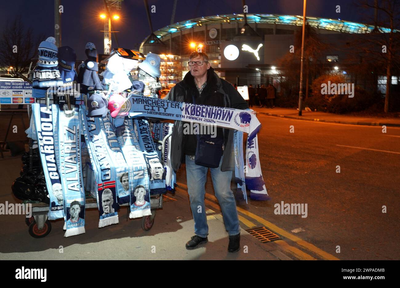 Scarves on sale outside the ground of former Manchester City players ...