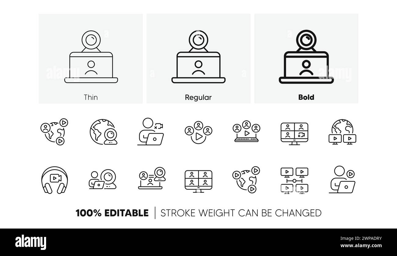 Online meeting line icons. Virtual presentation, Video conference, Live ...