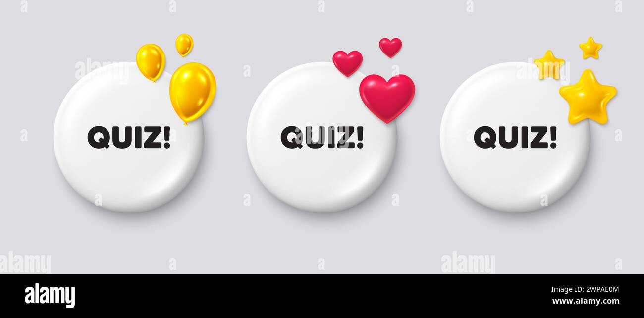 Quiz symbol. Answer question sign. White buttons with 3d icons. Vector ...