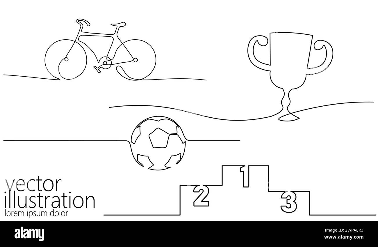 Single continuous line art sport line. Football ball bicycle cup ...