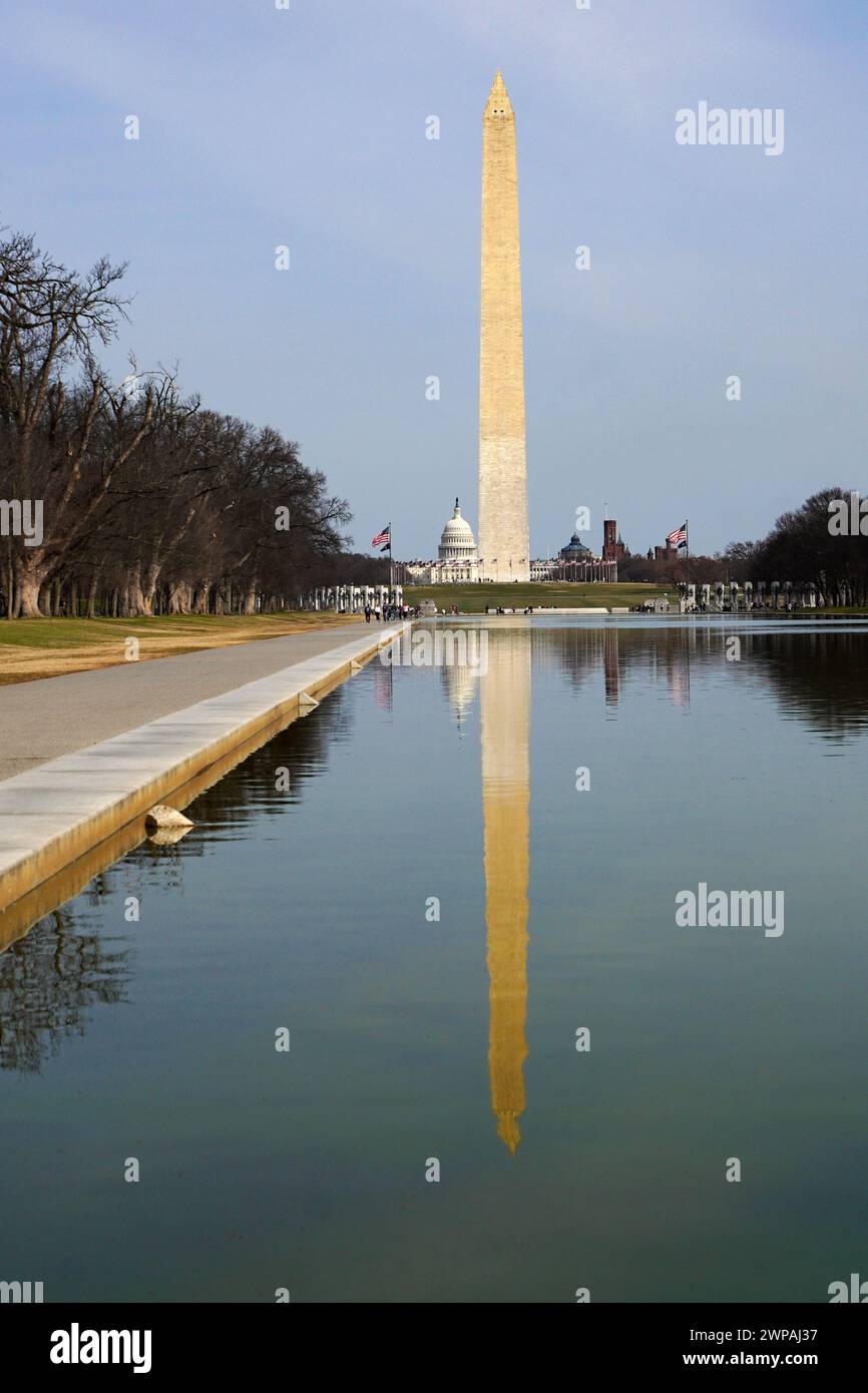 Washington Monument and the Lincoln Memorial reflecting pool on the ...