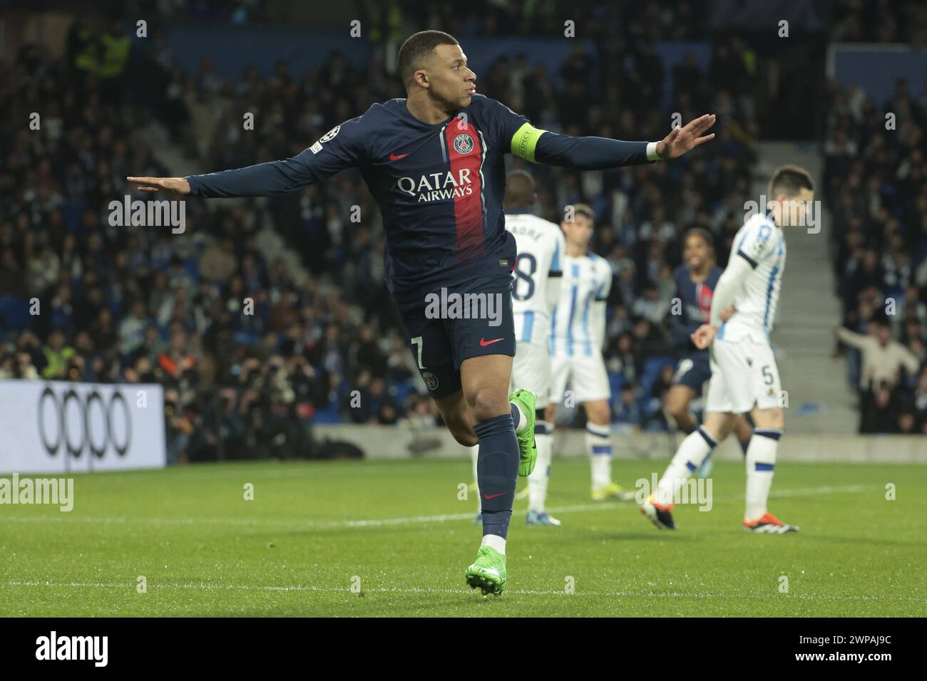 Kylian Mbappe of PSG celebrates his first goal during the UEFA ...