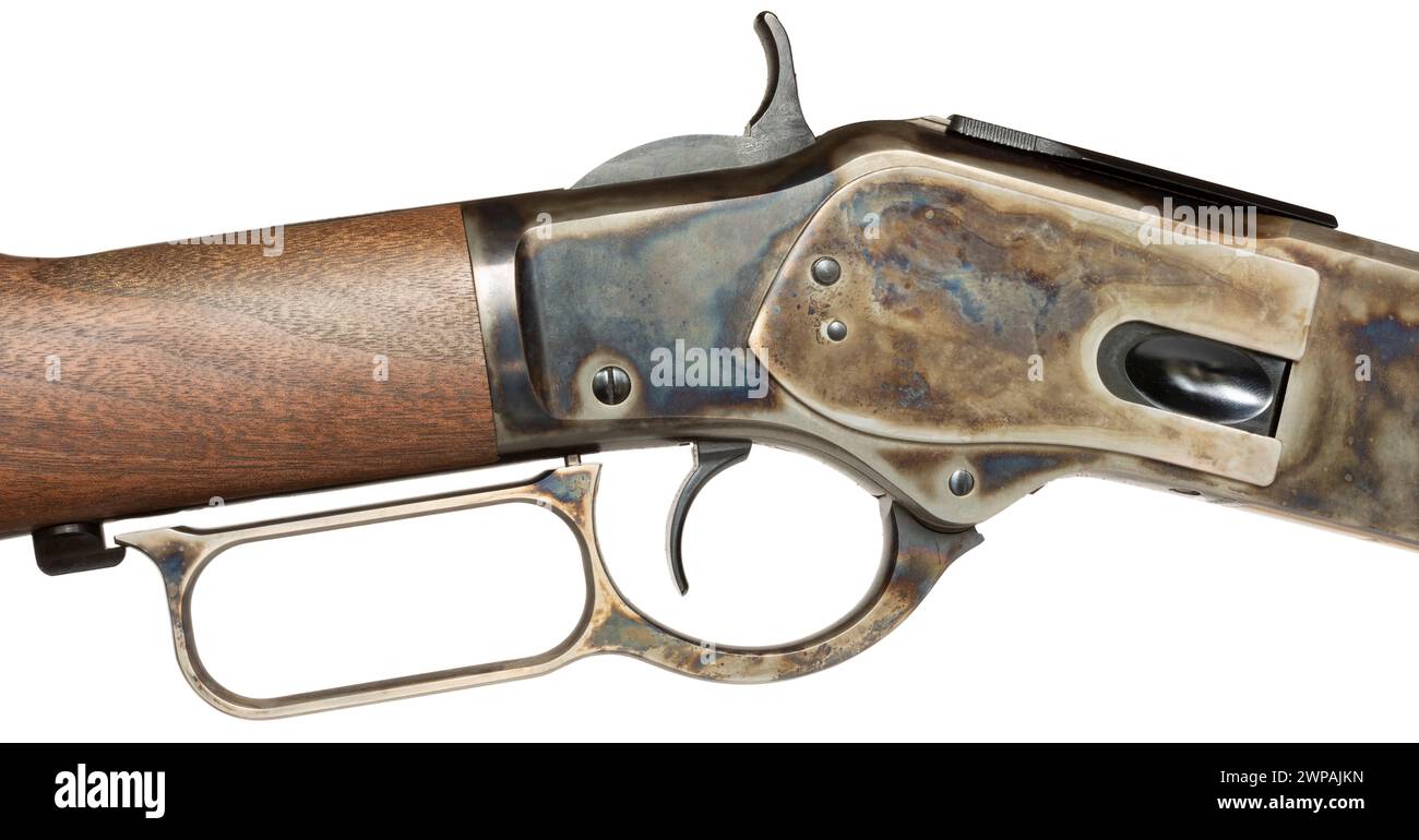 Isolated lever action rifle and receiver that is color casehardened ...