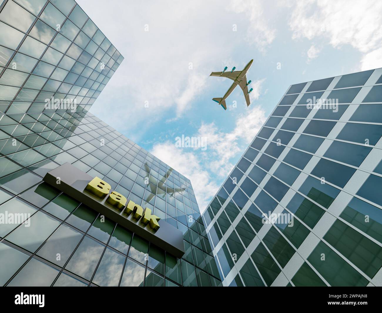3D rendering of big airplane flying over modern bank buildings with ...