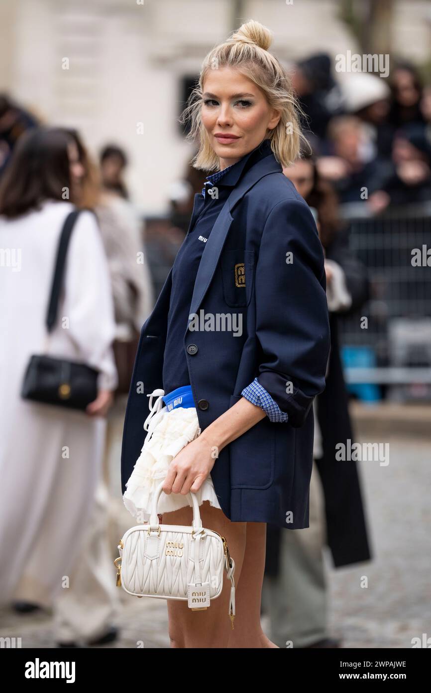 Elena Perminova arrives for the Miu Miu Fall/Winter 2024-2025 ready-to ...