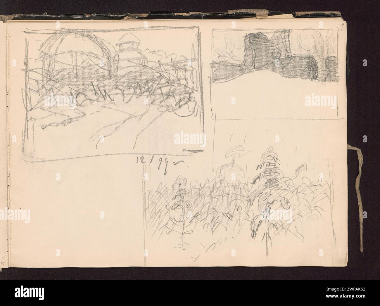 Three sketches - a) church in Bohdanów, b) ruins in Ruszczyc, Ferdynand ...