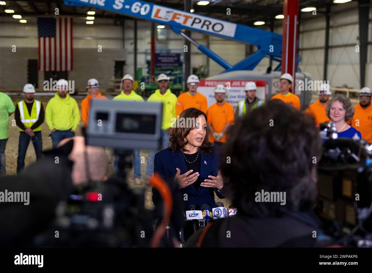 Vice President Kamala Harris speaks to the media during her visit to ...
