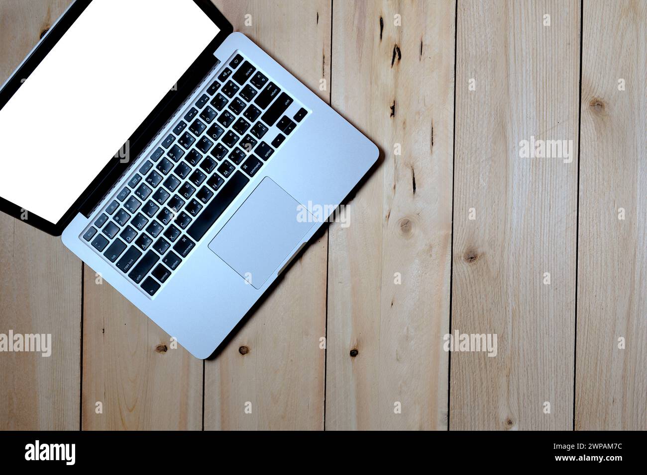 Close-up open computer laptop portable on white blank display put on ...