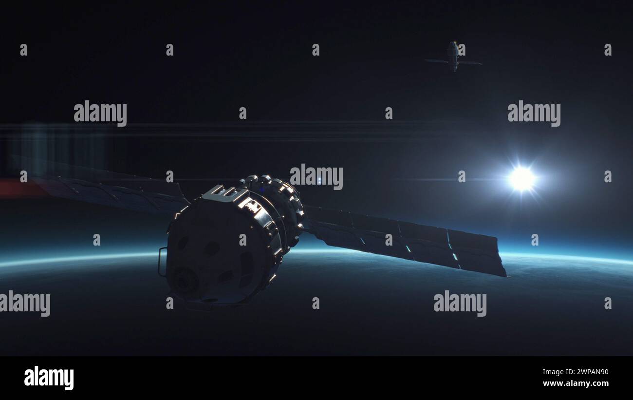 3D VFX graphics of space-based satellite attacking another satellite ...