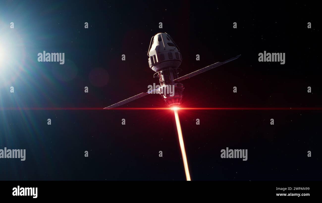 3D graphics of the satellite attacking space object with laser weapon ...