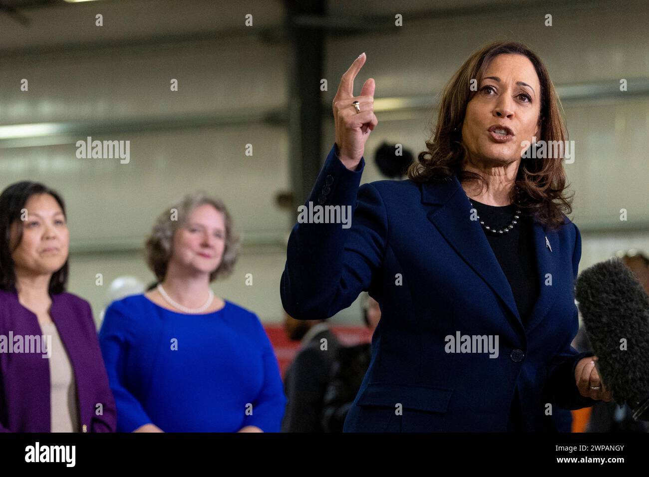 Vice President Kamala Harris speaks to the media during her visit to ...