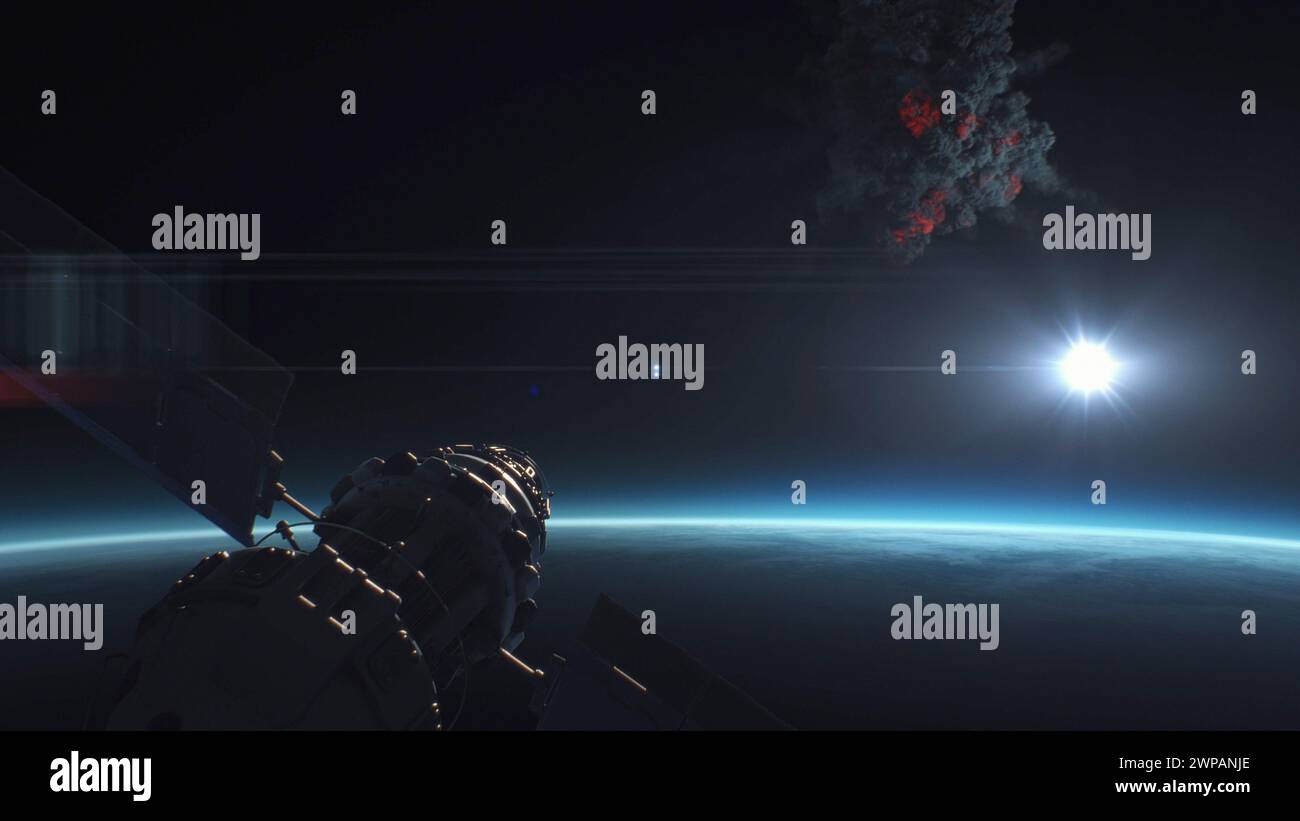 3D VFX graphics of space-based satellite attacking another satellite ...