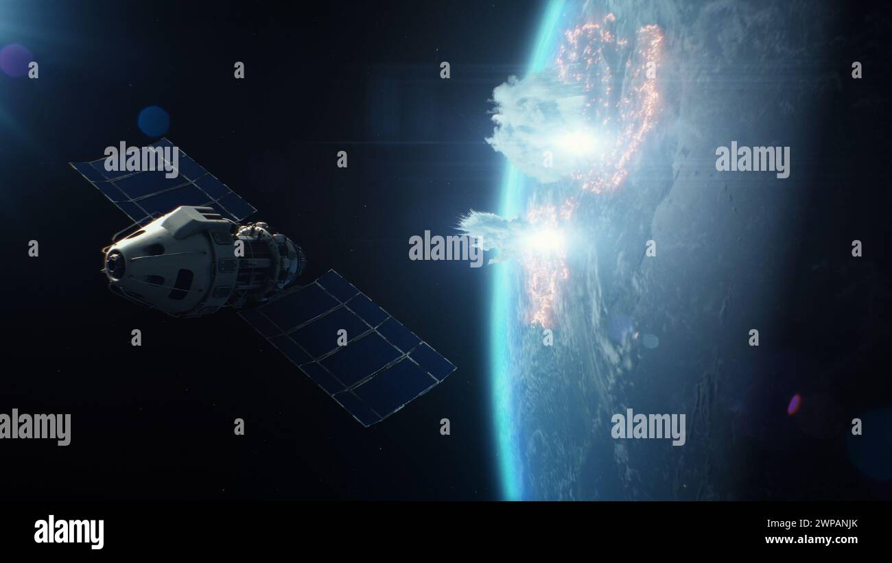 3D animation of satellite attacking Earth planet with laser weapon from ...