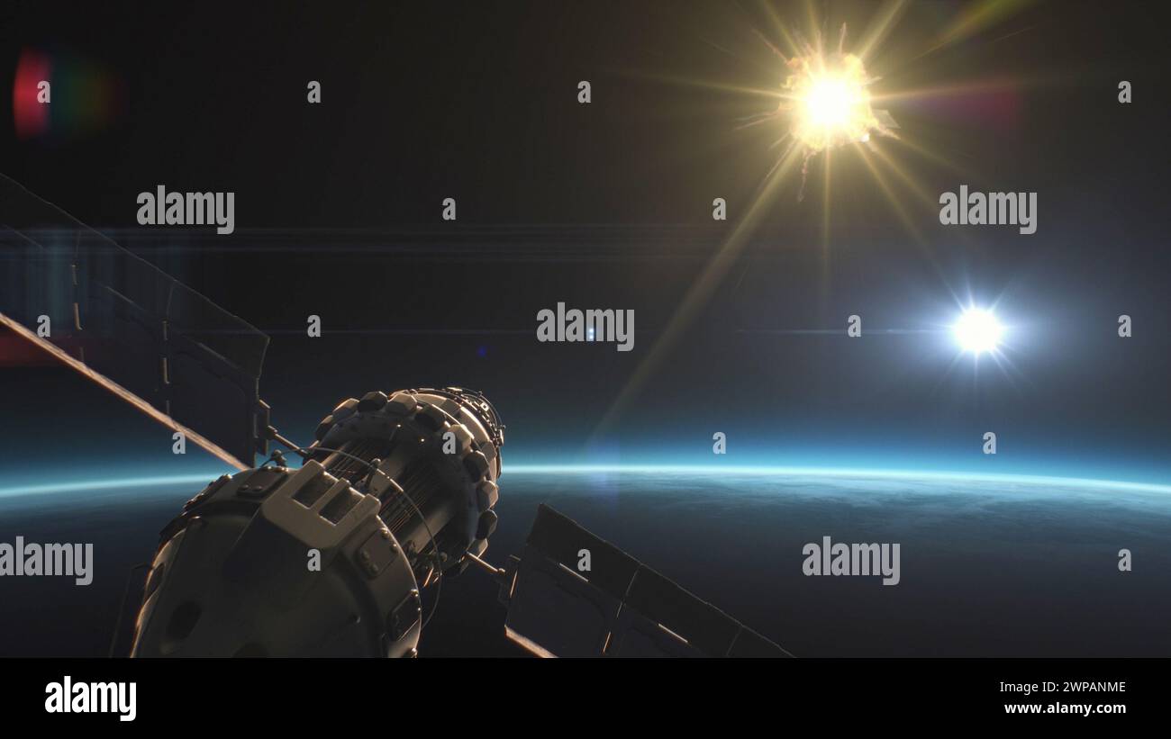 3D VFX graphics of space-based satellite attacking another satellite ...