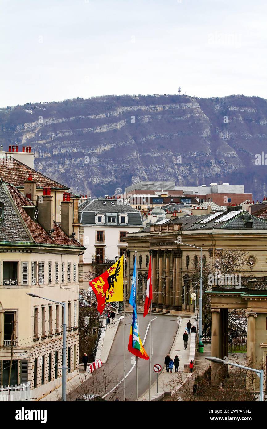 Vertical view of the streets of Geneva city and mountains, Switzerland ...