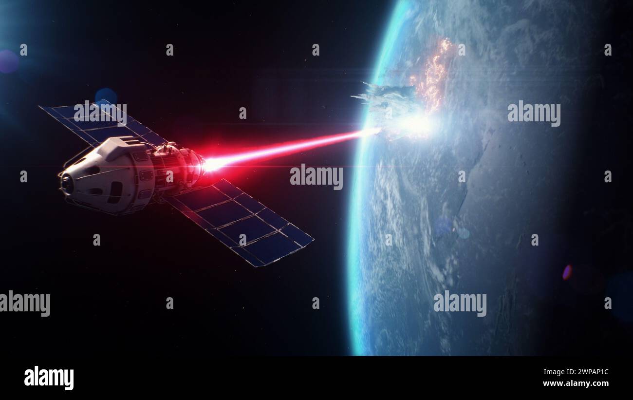 3D animation of satellite attacking Earth planet with laser weapon from ...