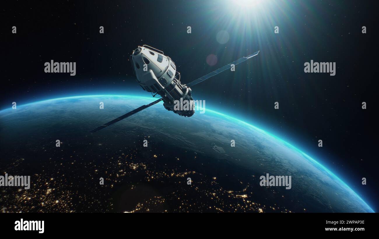 3D animation of satellite attacking space object with laser weapon in ...