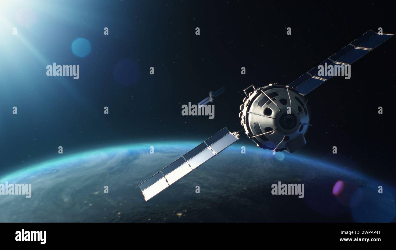 3D VFX graphics of satellite attacking another satellite with laser ...