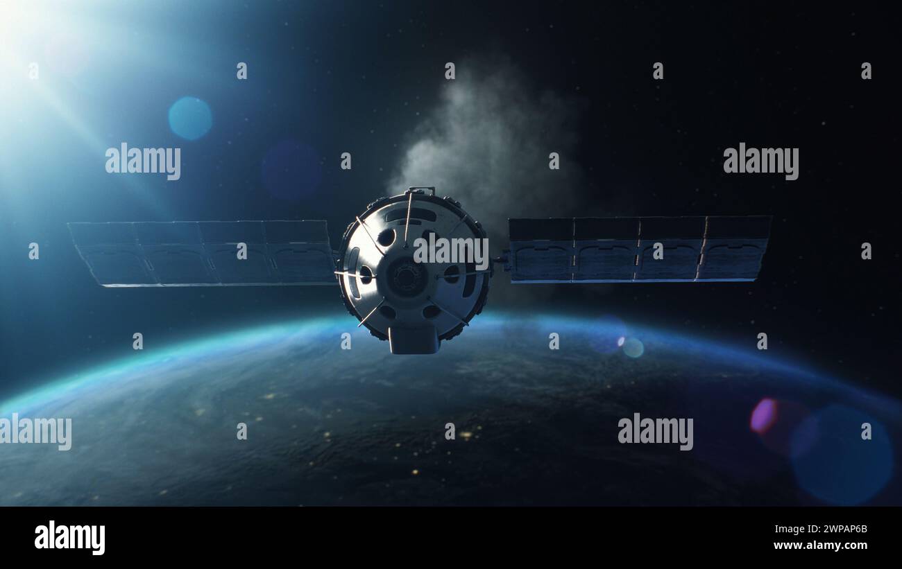 3D VFX graphics of satellite attacking another satellite with laser ...