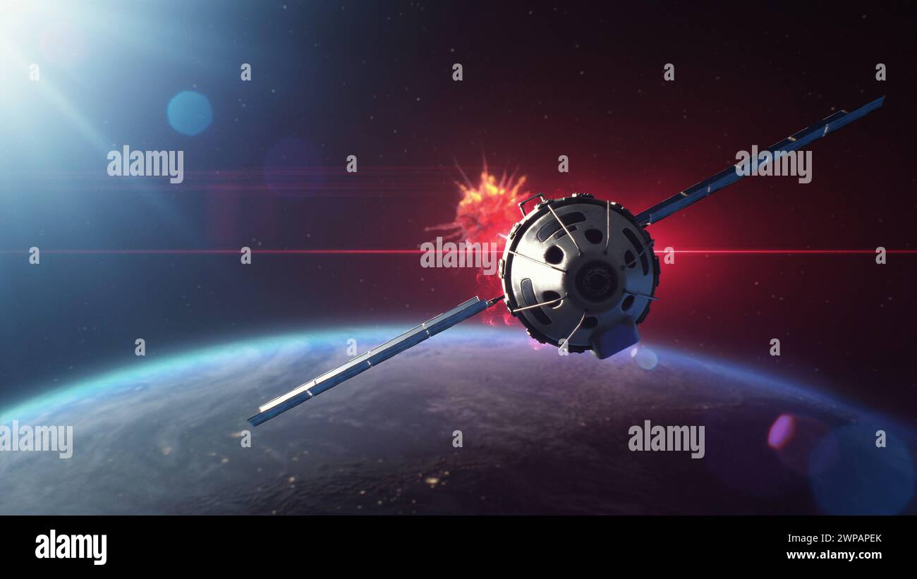 3D VFX graphics of satellite attacking another satellite with laser ...