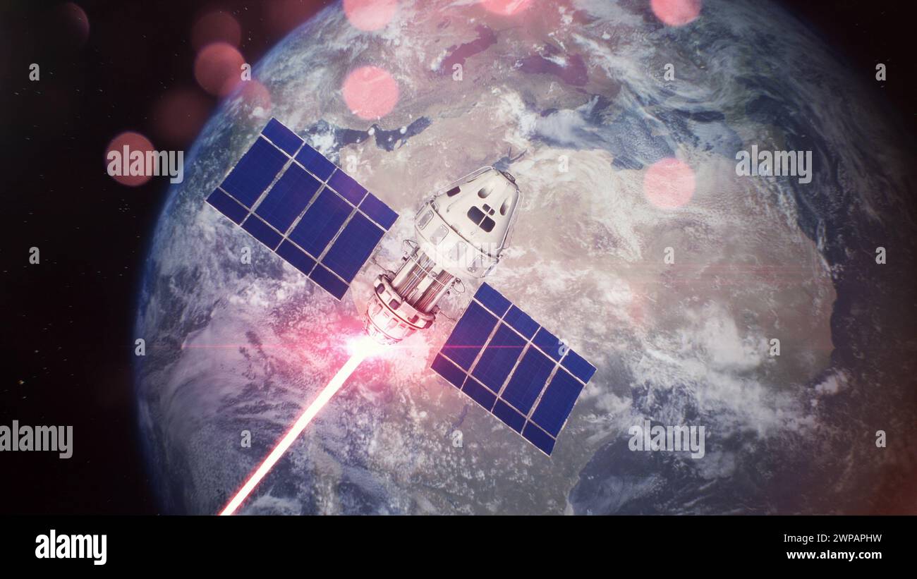 3D VFX rendering of the space-based satellite attacking object with ...