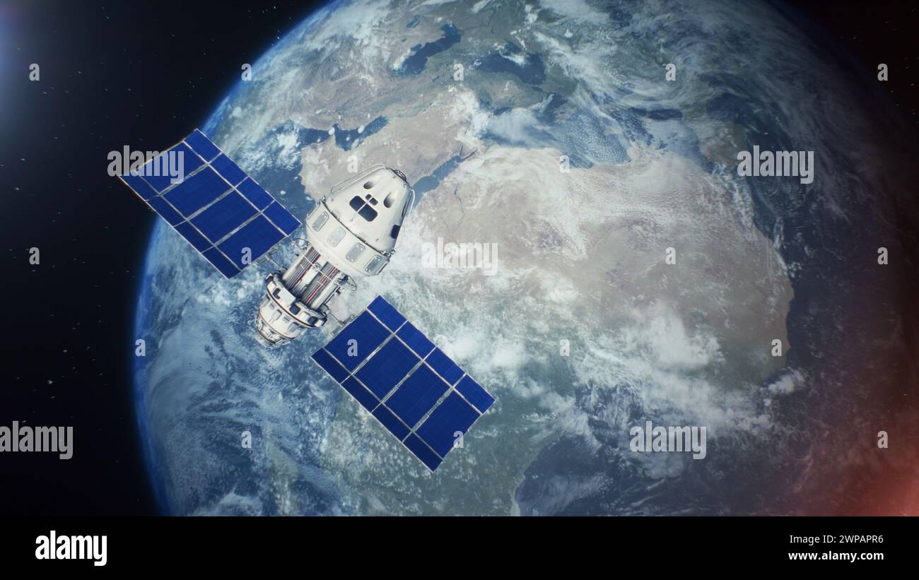 3D VFX rendering of the space-based satellite attacking object with ...