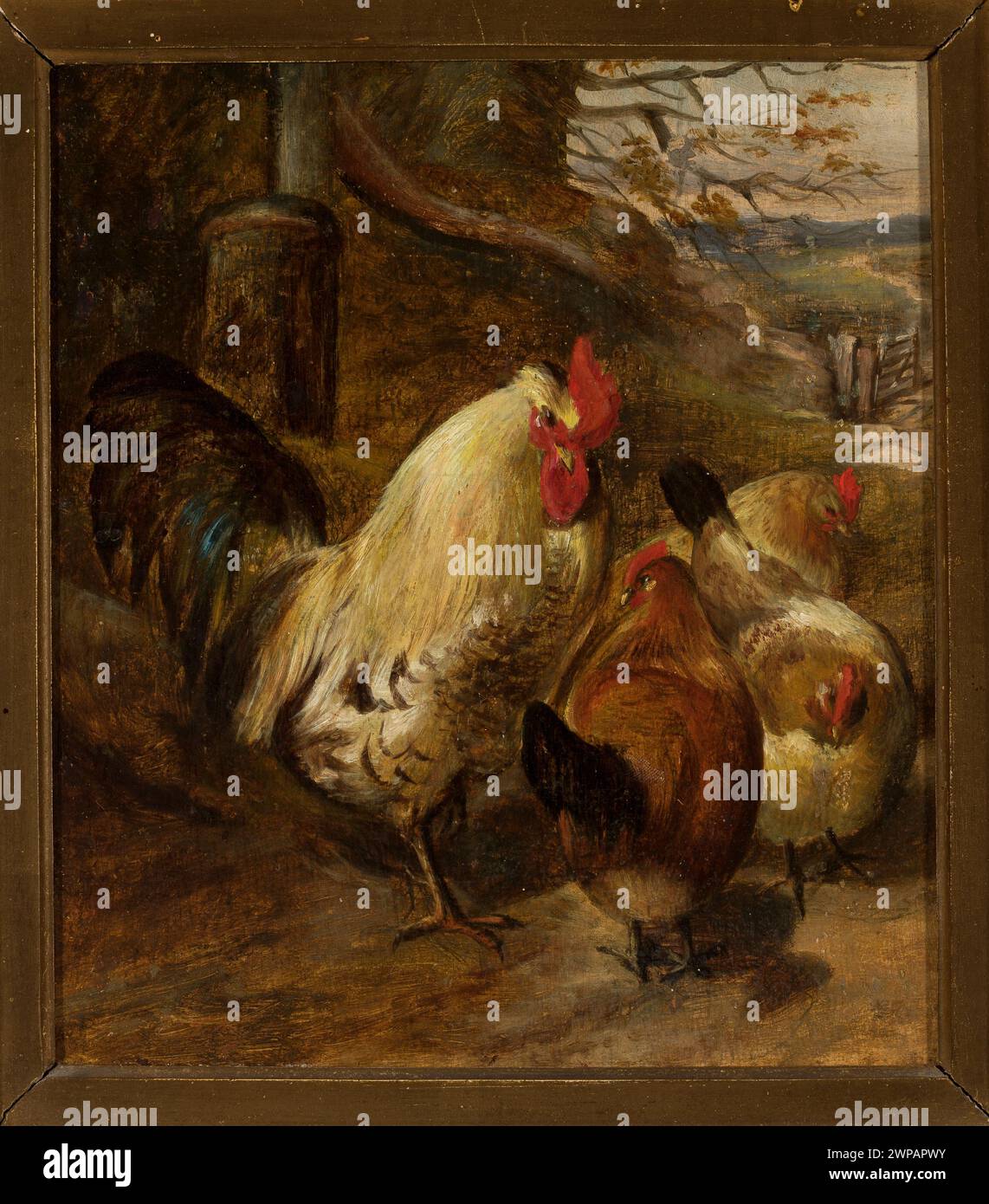 Rooster and three chickens; German painter (flede of the 19th century ...
