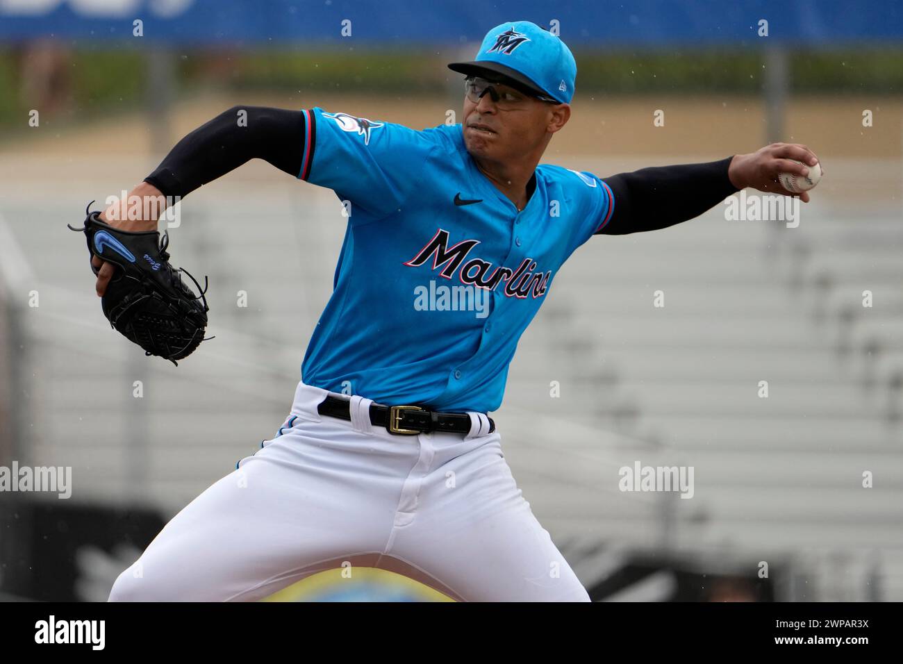 Miami Marlins starting pitcher Jesus Luzardo throws during the first inning of a spring training ...