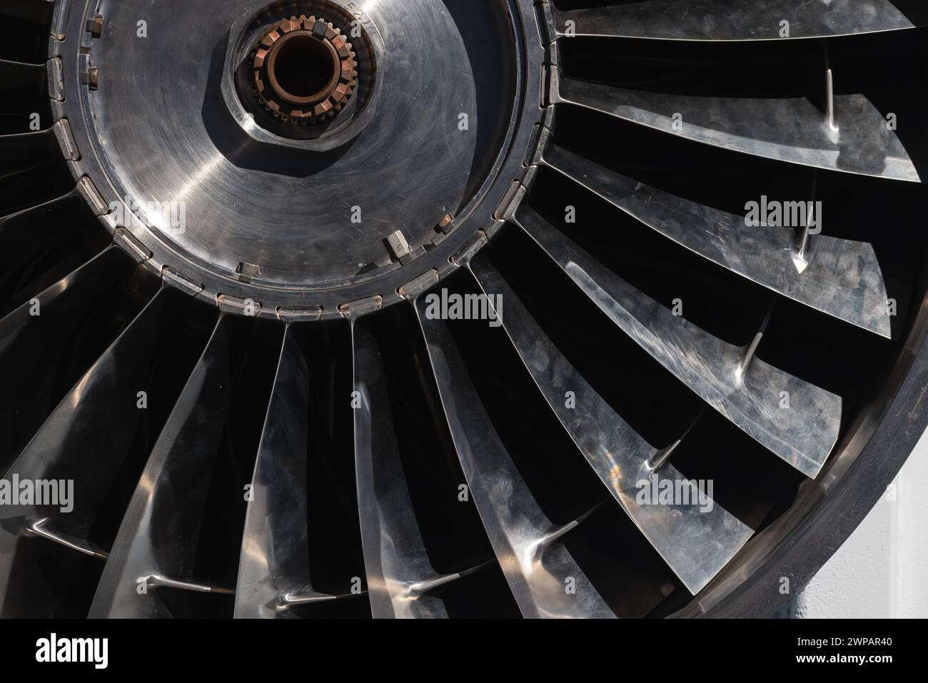 Turbine rotor of a turbojet engine, close up photo with selective soft ...