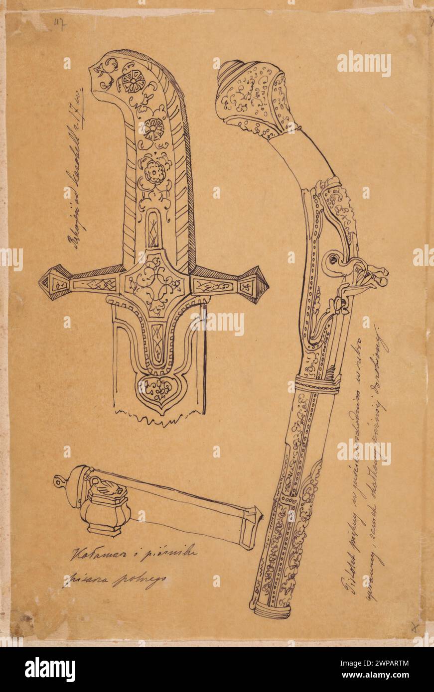A handle of a rifle, a pistol in the eastern type, military writer's ...