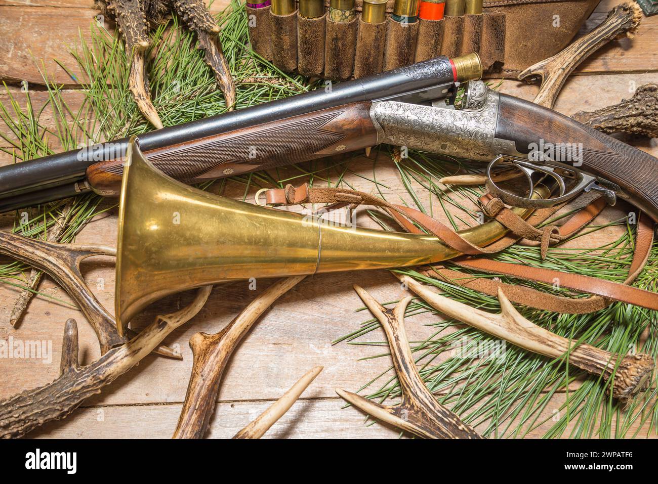hunting season concept;vintage hunting rifle and hunting equipment ...
