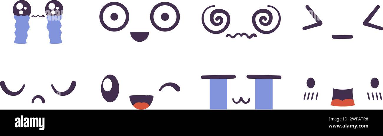Kawaii face expressing emotion and mood collection. Flat hand drawn ...