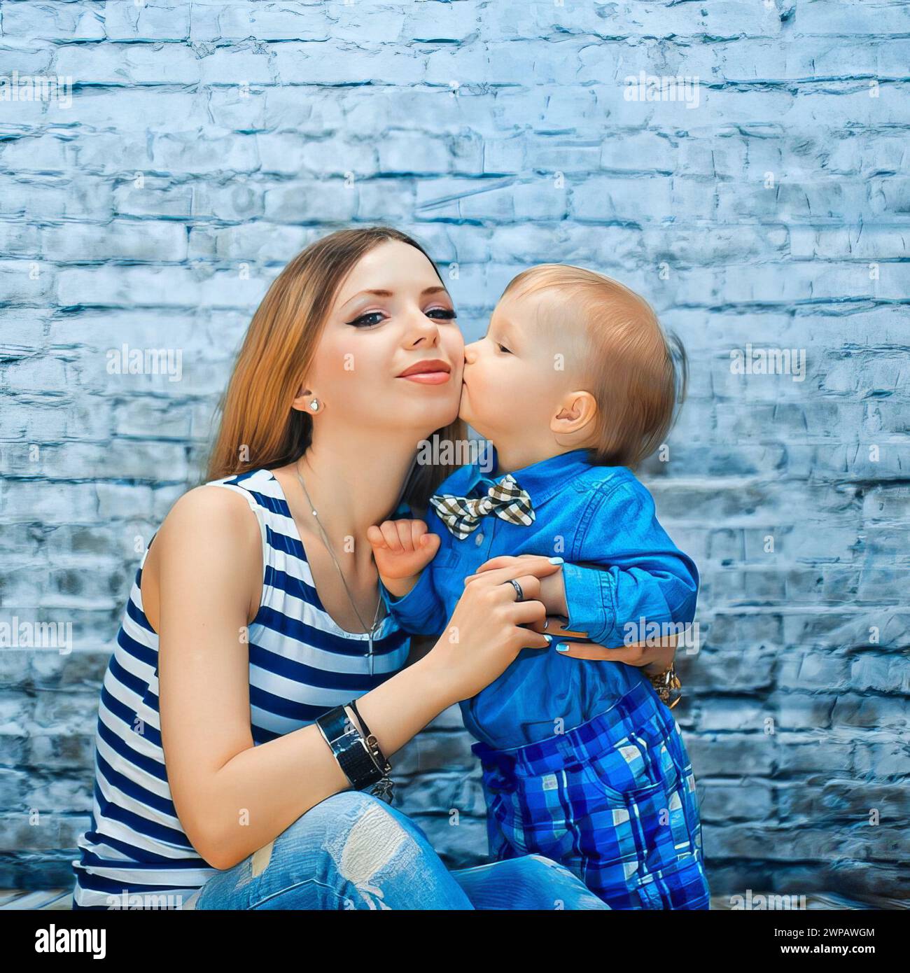 A young beautiful mother sits with her child on the background of a ...