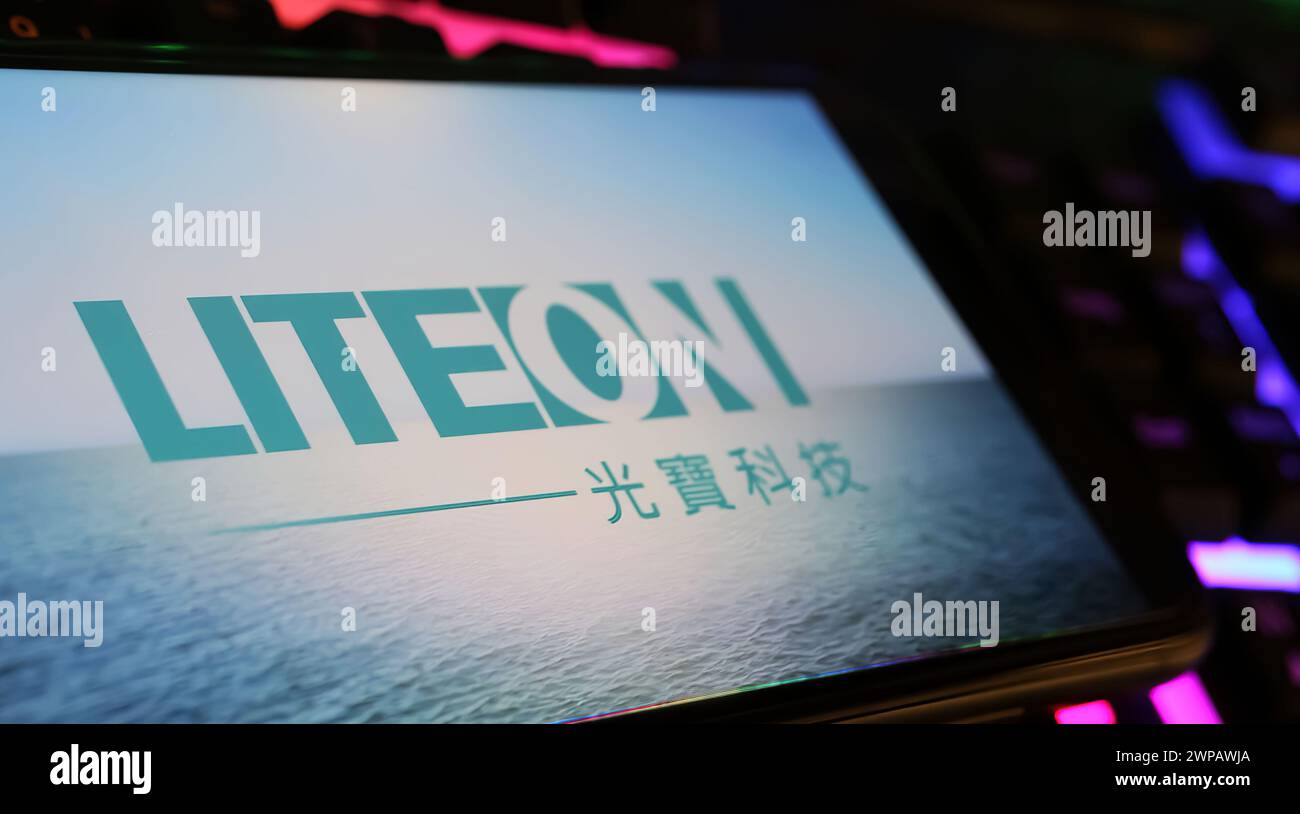 Viersen, Germany - February 9. 2024: Closeup of smartphone with logo lettering of Liteon Taiwan ...