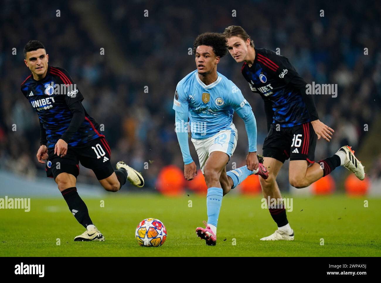 Manchester City's Oscar Bobb in action with Copenhagen's Mohamed ...