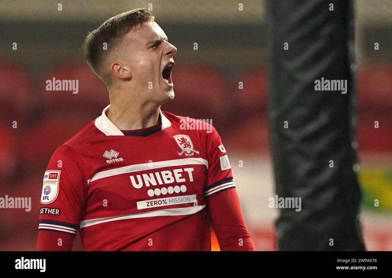 Middlesbrough's Marcus Forss celebrates scoring their side's first goal ...