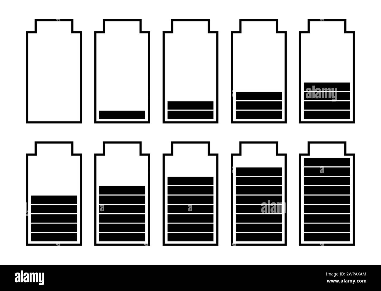 A set of ten batteries with different charge indicators. Vector ...
