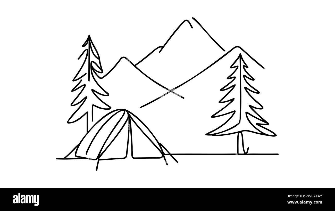 Single continuous line drawing family adventure camping evening scene ...