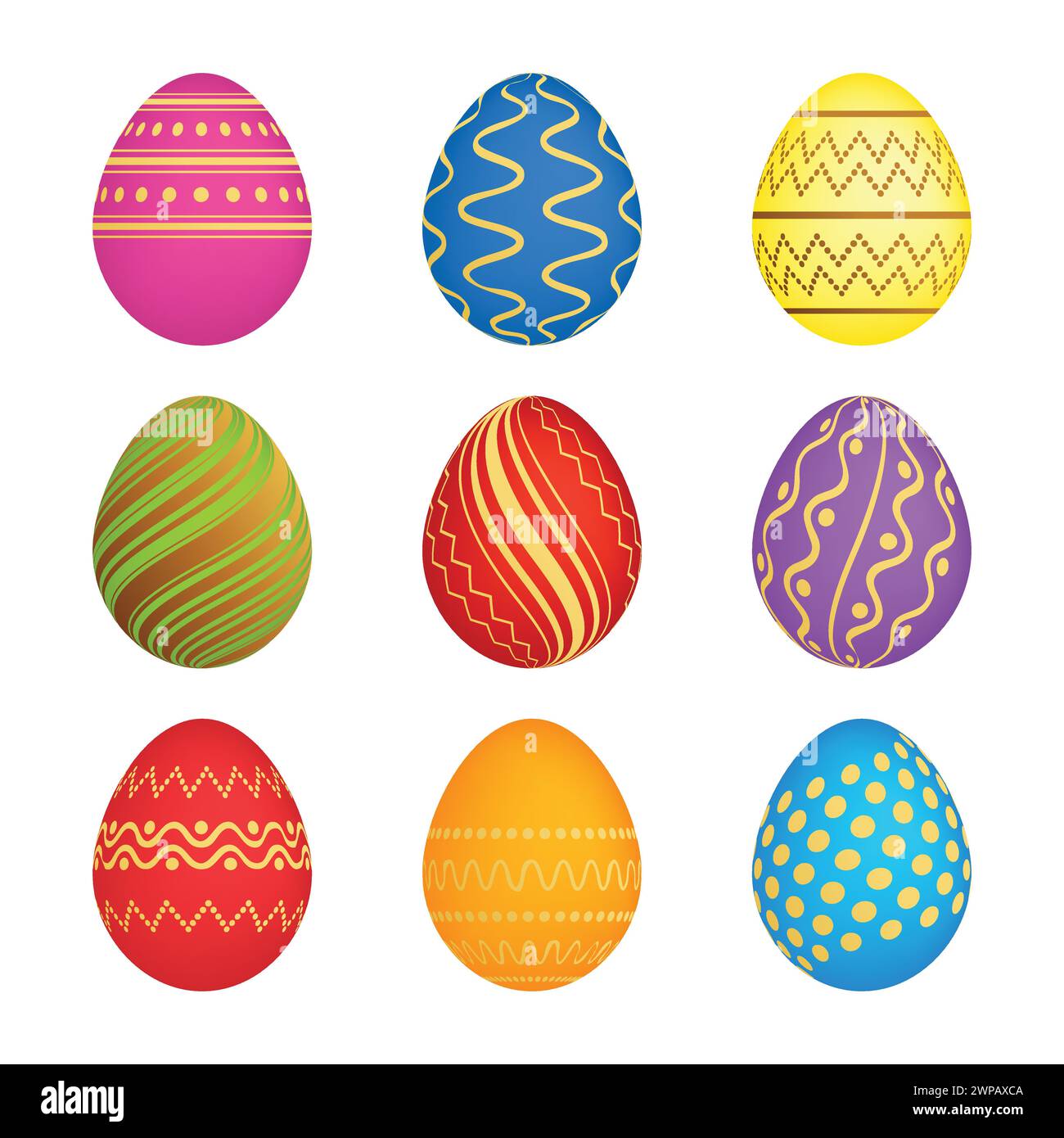 Set of Nine Easter eggs with different colorful texture on a white ...