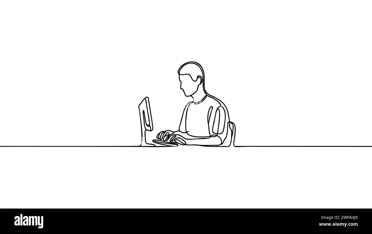 Continuous line drawing of office worker concentrated behind computer ...