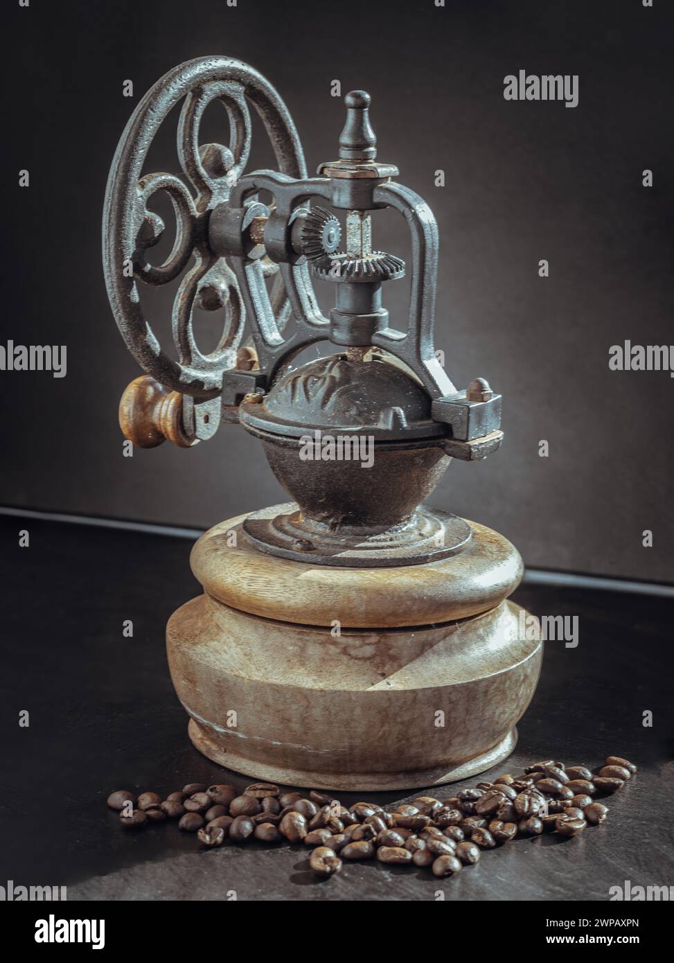 Old original coffee bean original grinder metal shake wheel with hand ...