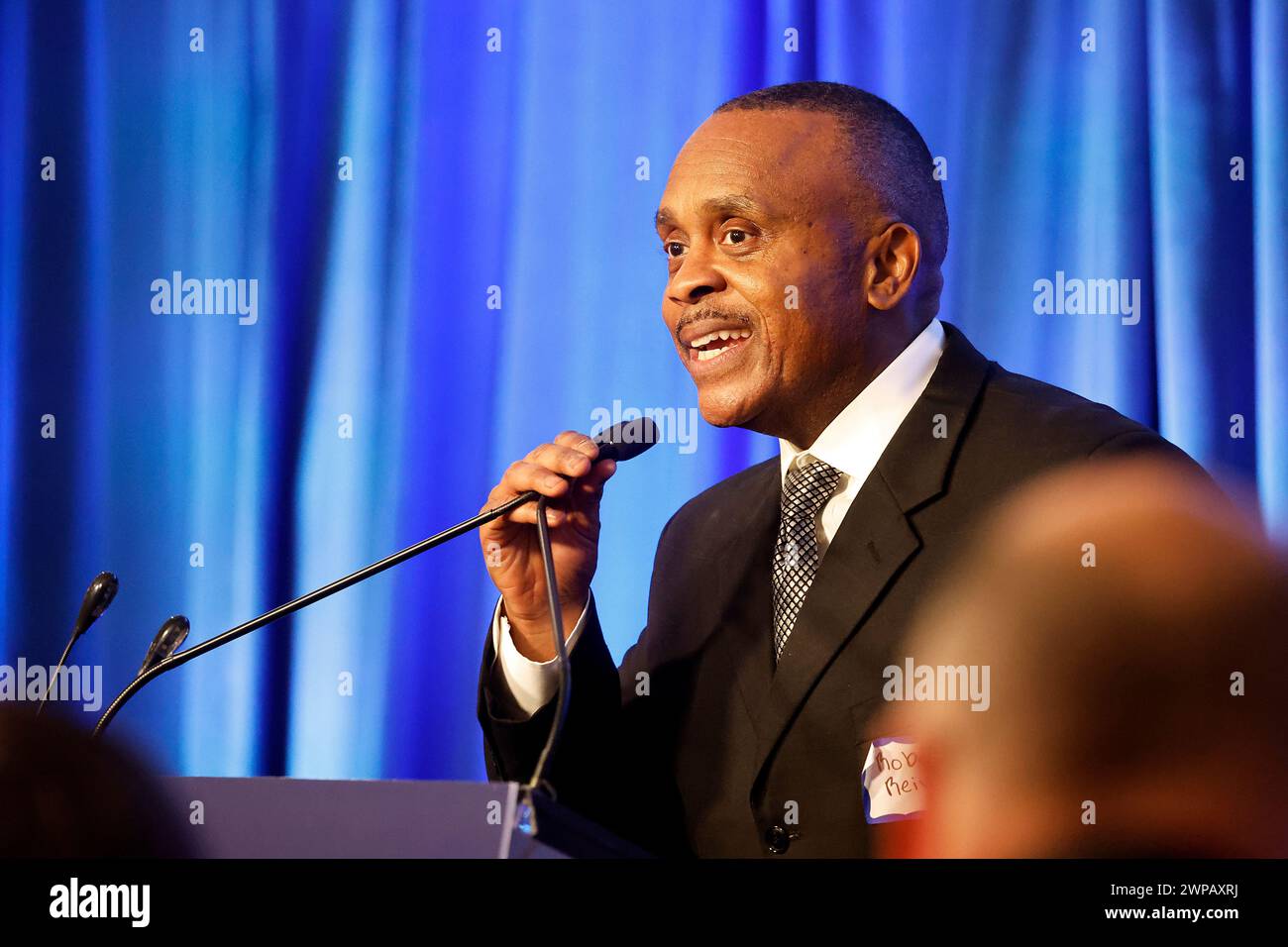 North Carolina House minority leader Robert Reives speaks at a primary election night party in ...