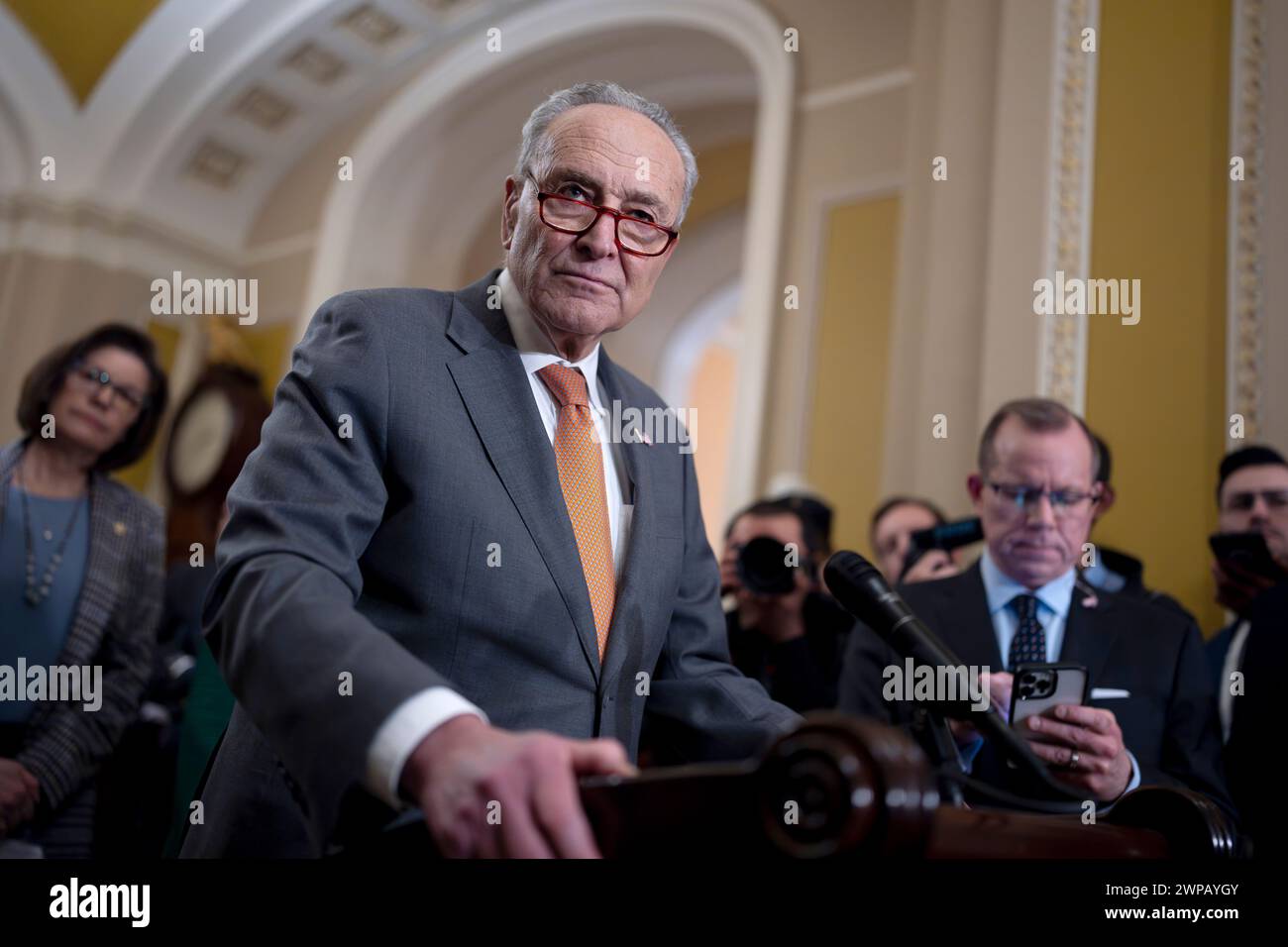 Senate Majority Leader Chuck Schumer, D-N.Y., speaks to reporters at ...