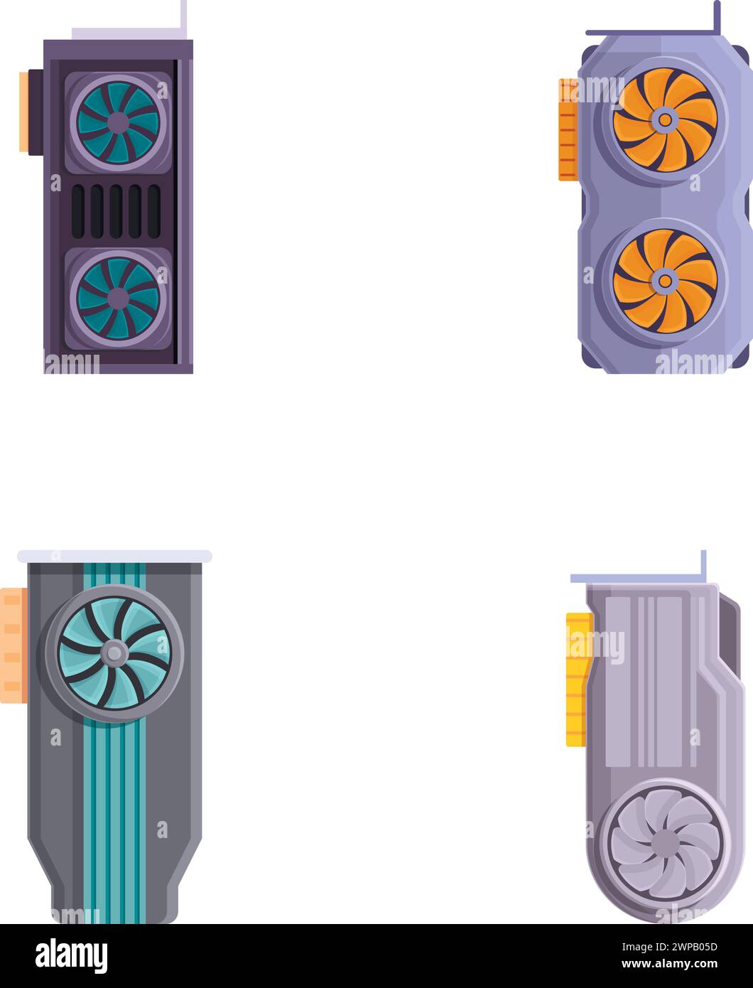 Gpu card icons set cartoon vector. Computer graphic card with cooling fan. Personal computer ...