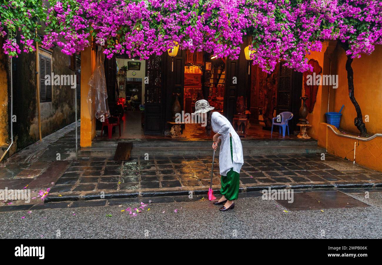 Hoi An, Vietnam; Street scene from the old town. Young woman cleaning ...