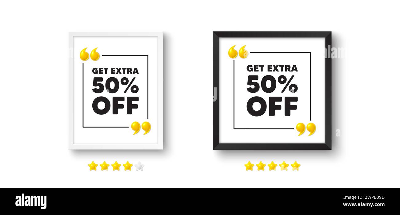 Get Extra 50 percent off Sale. Discount offer sign. Photo frame with 3d ...