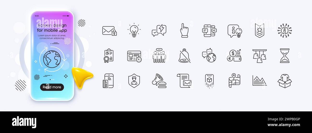 Outsourcing, Map and World communication line icons for web app. Pictogram icon. Phone mockup ...